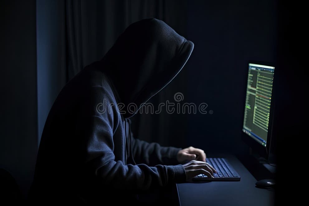 Hooded Hacker Using Computer in Dark Room. Cybercrime Concept, an ...