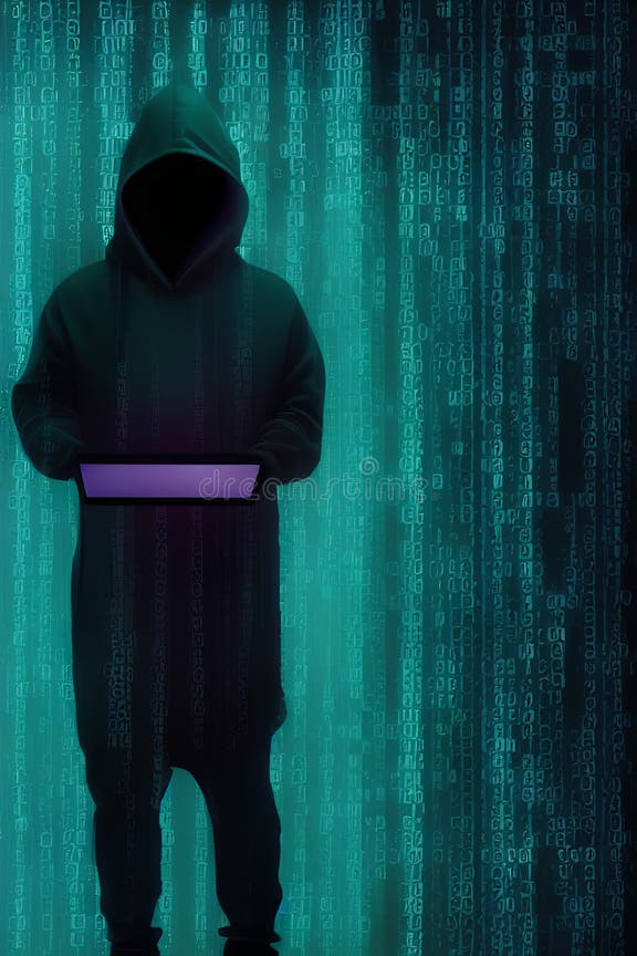 Hooded Hacker Using Computer for Massive Data Breach Attack. Generative Artificial Intelligence ...