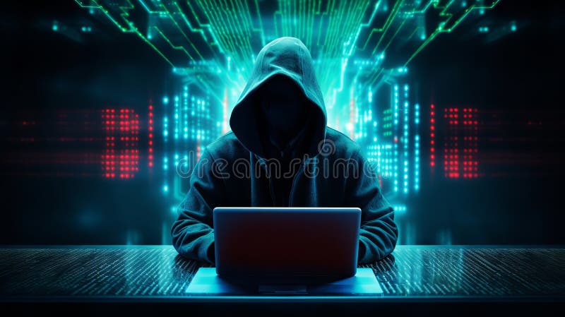 Hooded Hacker Using Laptop On Dark Background With Binary Code Concept