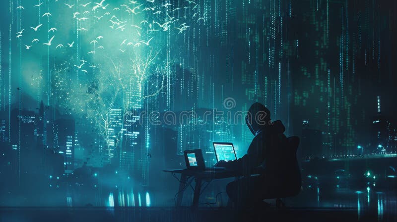 Hooded Hacker Working on a Computer in a Futuristic Cityscape with ...