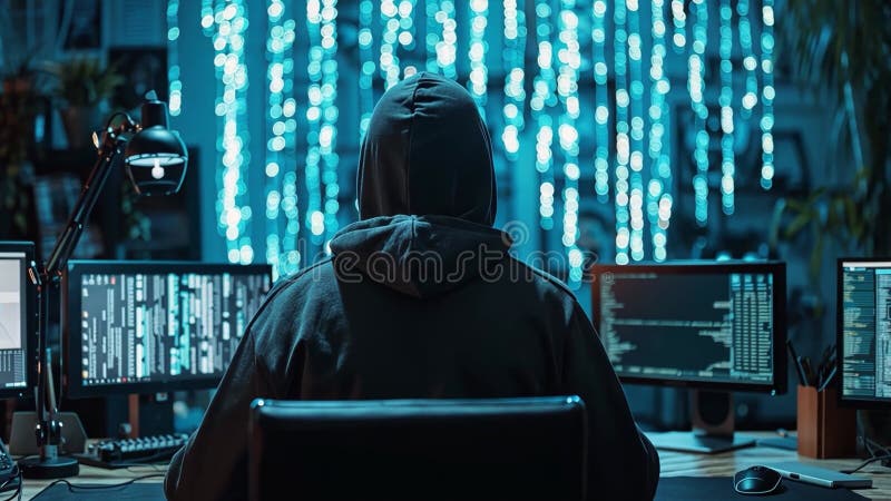 Deep Focus on a Hooded Figure Working on Multiple Screens in a Dimly ...