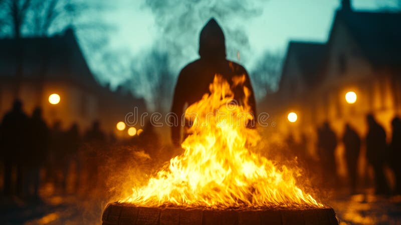 A Hooded Individual Watches a Bright Fire, while a Crowd Gathers in the ...