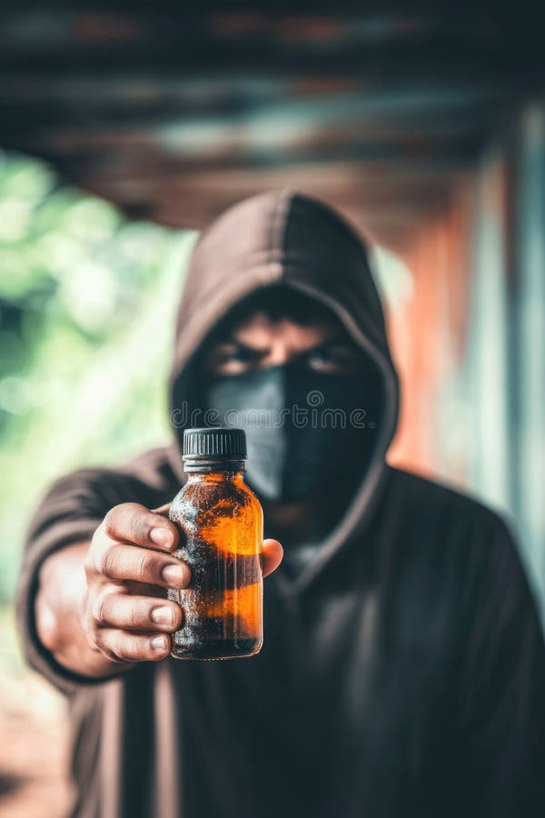 Hooded Male Offering Bottle in Mysterious Setting with Focus on ...