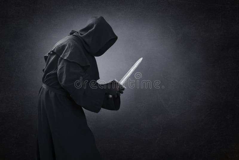 Hooded Man with Dagger in the Dark Stock Image - Image of aggression ...