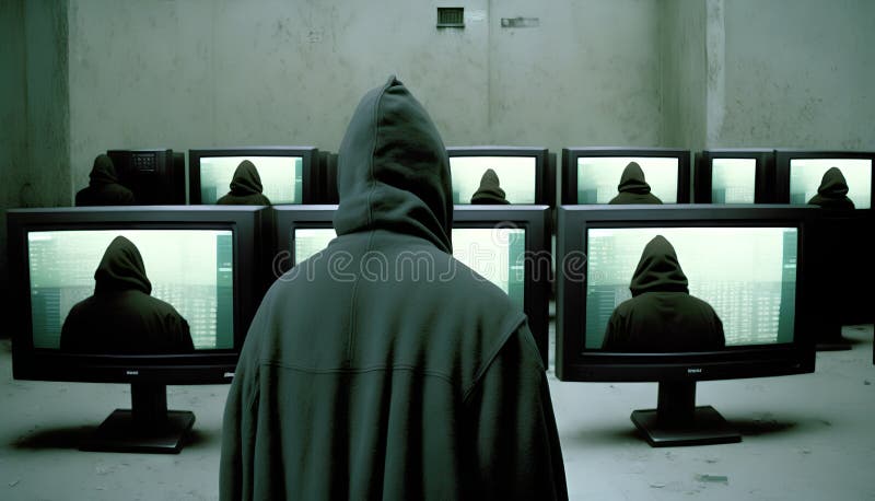 Hooded Man in Front of Computer Monitors in a Dark Room Stock ...