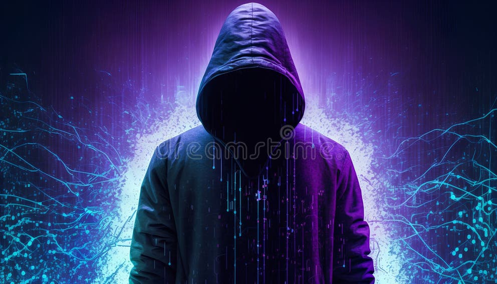 Hooded Man in a Hoodie with Binary Code on the Background Stock ...