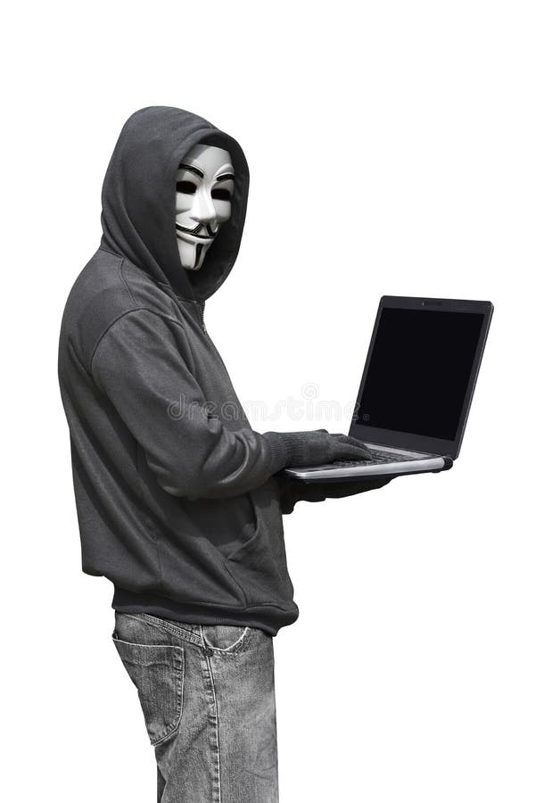 Hooded Man with Mask Typing on Laptop Editorial Stock Photo - Image of ...
