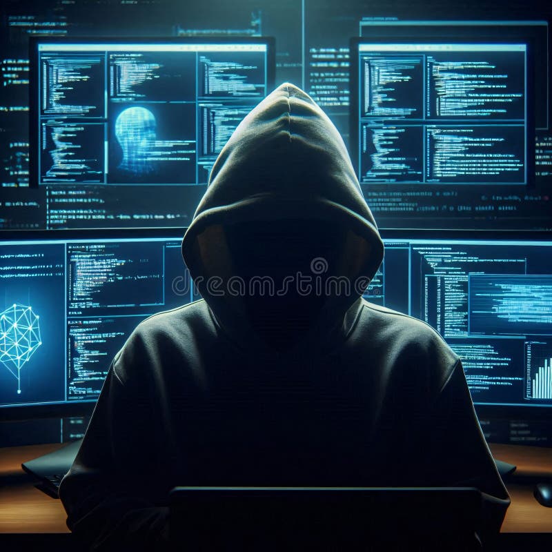 A Hooded Man Sits in Front of Multiple Computer Screens Displaying Lines of Code and Data ...