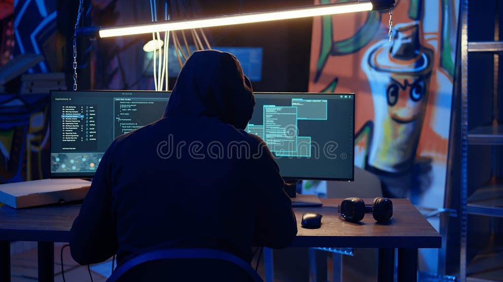 Hooded Man in Underground Hideaway Hacking Computers Stock Image ...