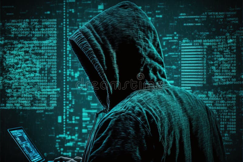 A Hooded Person Using a Laptop Computer in Front of a Cityscape ...