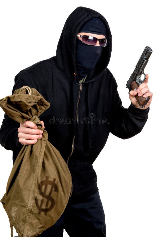 Hooded Robber with a Gun and a Bag Stock Photo - Image of money, weapon ...