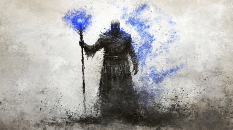 A Hooded Wizard Creates Enchanted Blue Energy with His Staff Stock ...