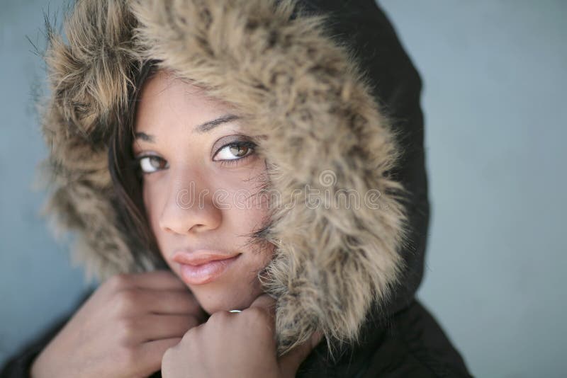 Hooded woman portrait stock image. Image of coat, portrait - 7605381