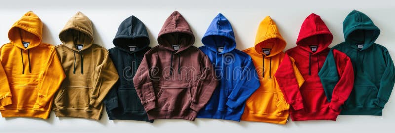 Hoodies of Different Colors Placed in a Row on White Background Stock ...