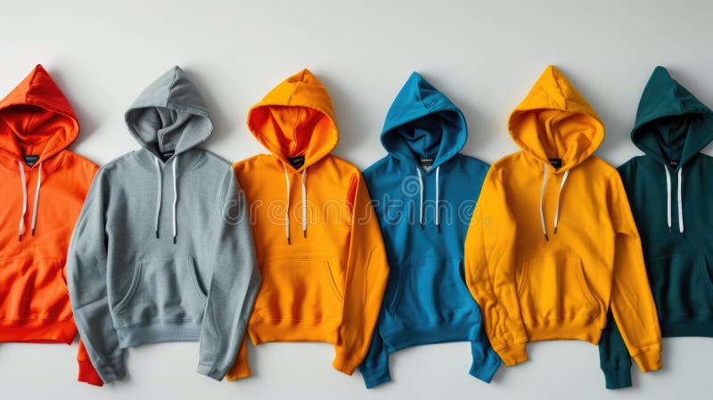 Hoodies of Different Colours Placed in a Row on White Background Stock ...