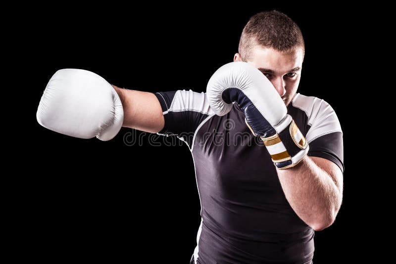 Aggressive Boxer Man Boxing in Fighting Gloves Throwing Angry Right ...