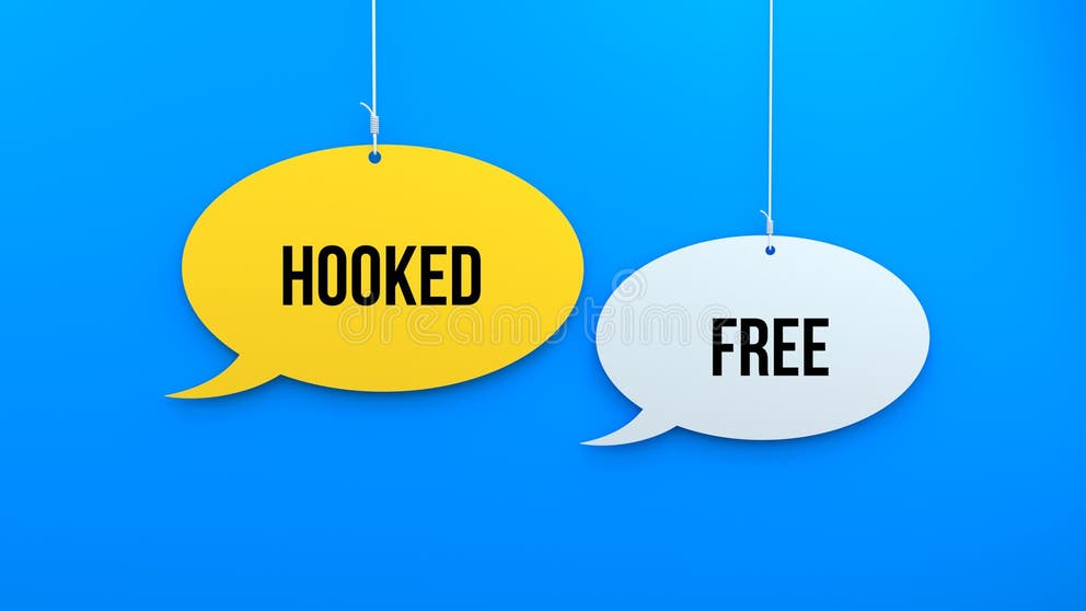 Hooked and Free Text Message Hanging on Speech Bubble. Blue Background ...