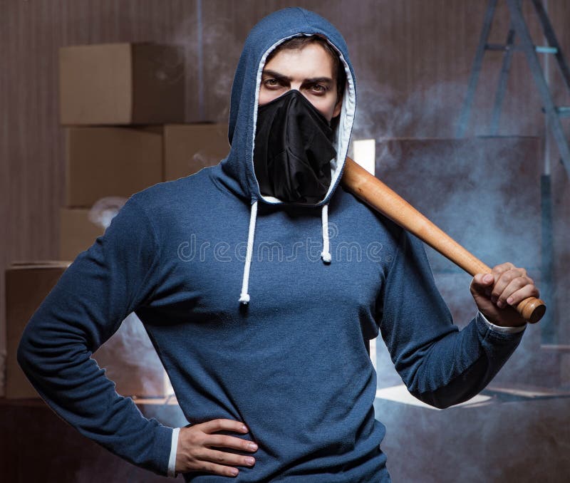 Hooligan with Bat in Dark Room Stock Image - Image of criminal, dark ...