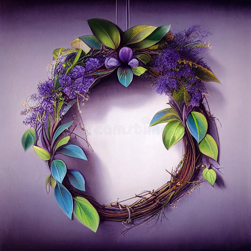 Generative AI: Hoop of Flowers and Branches in Purple Tone Hanging ...