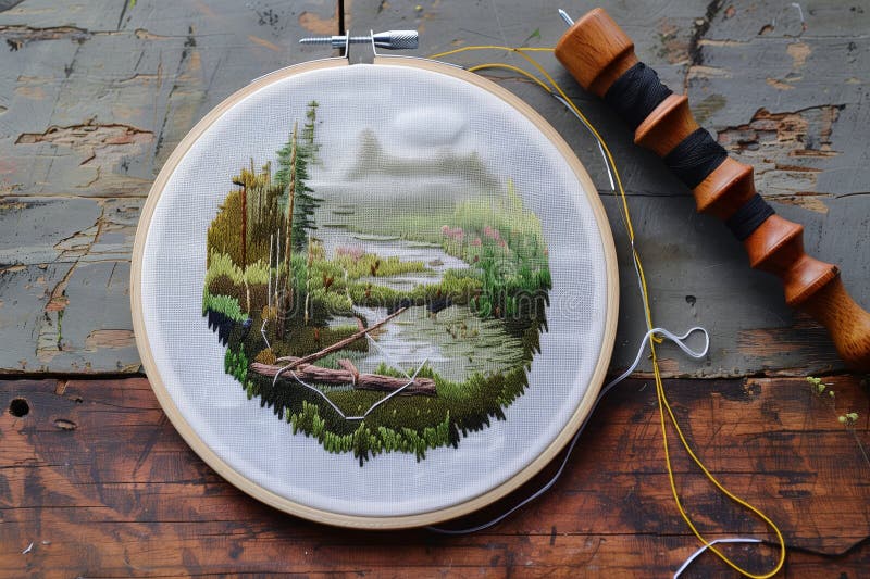 Hoop with a Halffinished Landscape Design and Thread Nearby Stock Image ...