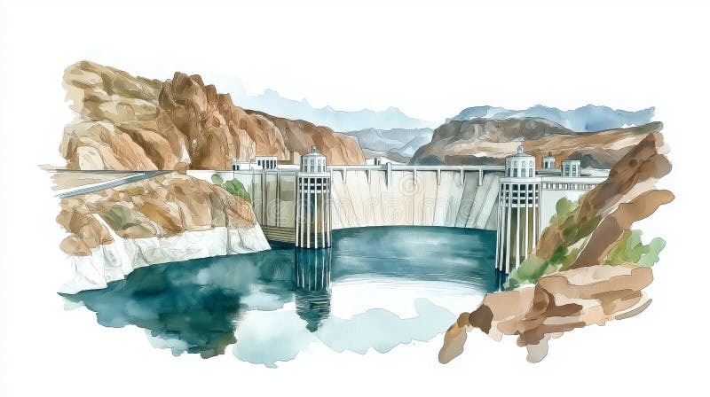 Hoover Dam. Hoover Dam Hand Drawn Watercolor Illustration Stock ...