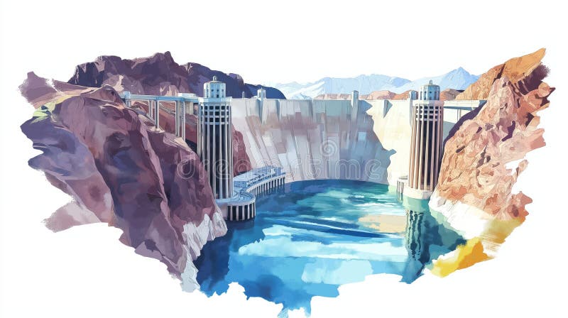 Hoover Dam. Hoover Dam Hand Drawn Watercolor Illustration Stock ...