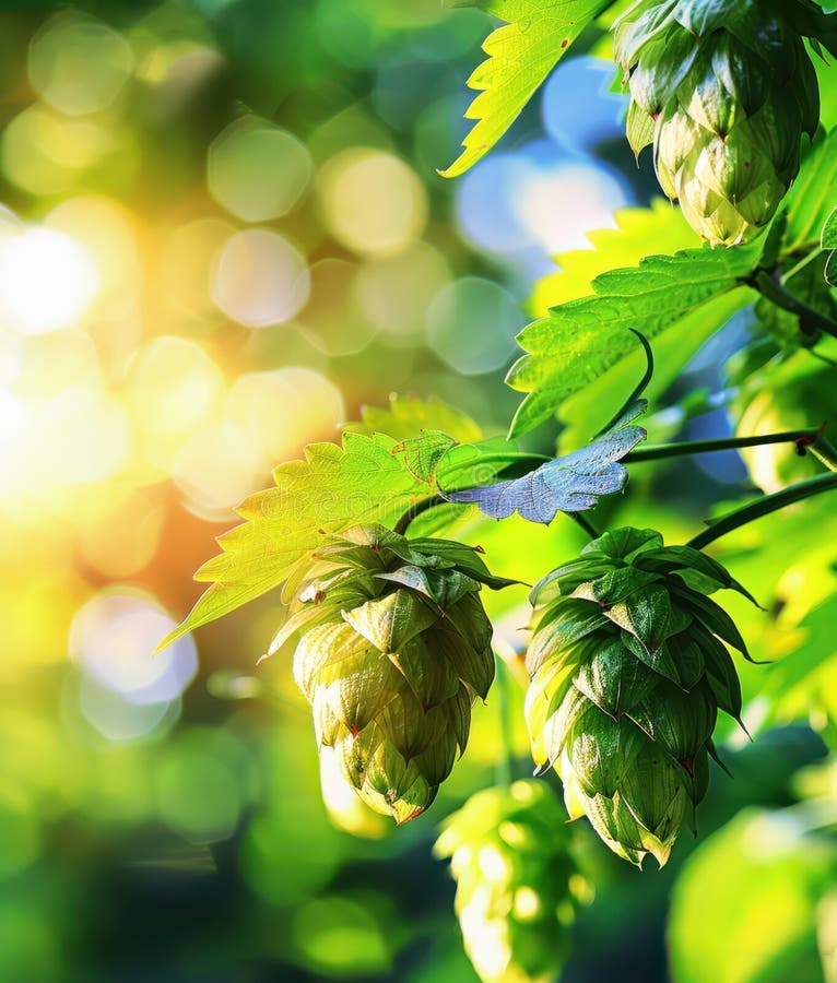 Green Hops on the Tree Bathed in Sunlight, with a Blurred Background ...