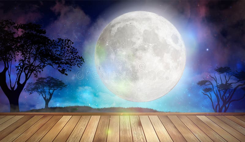 Full Moon and Trees Close Up, Night Sky , Wood Stage Background Stock ...