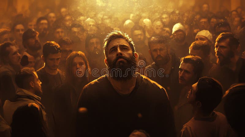Hopeful Man Looking Up in a Crowd of Faces Stock Illustration ...