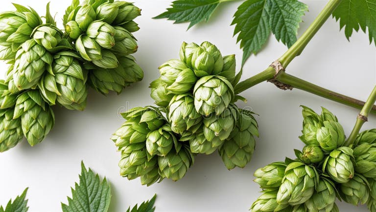 Hops Cone Cluster with Green Scale Texture and Stem Attached Arranged ...