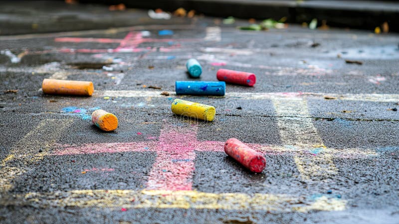 A Hopscotch Pattern Drawn on Pavement, Surrounded by Scattered Chalks ...