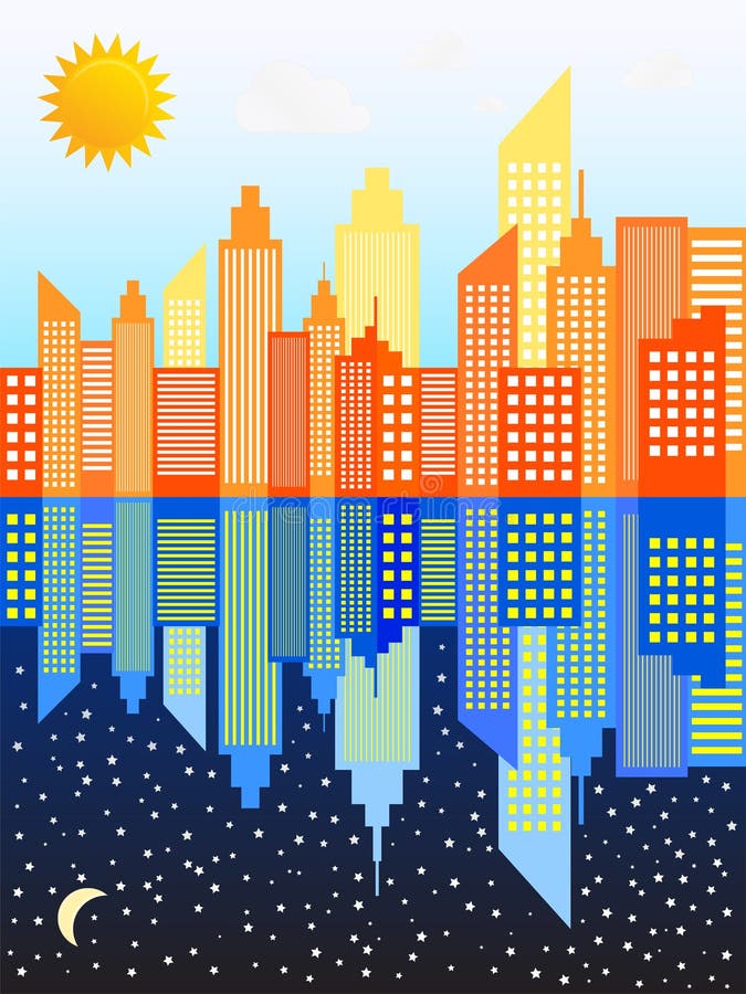 Horizon Moderne De Gratte Ciel De Ville Jour Et Nuit Illustration De Vecteur Illustration Du