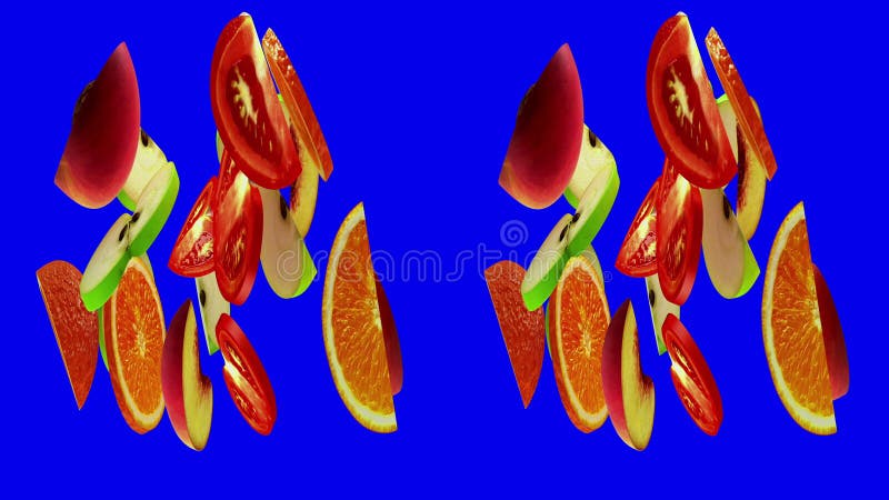 Horizontal Anamorphic Stereo Pair, Fruits Rotate on Blue, Seamless Loop ...