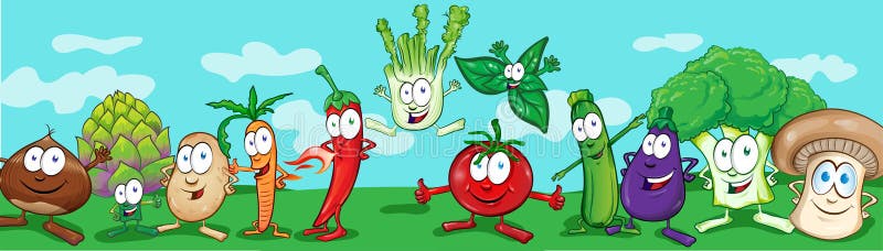 Horizontal Background Cartoon Vegetables Characters Set. Stock Vector ...