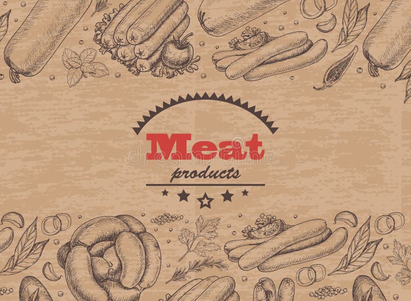 Horizontal Background with Different Color Meat Products in Sketch ...