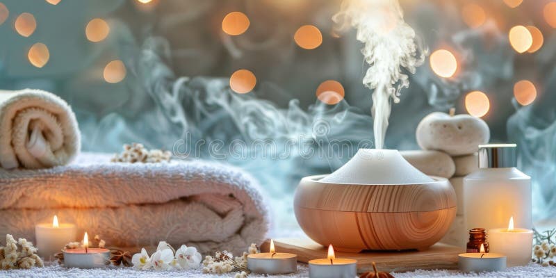 Aromatherapy, Modern Aroma Diffuser, Burning Candles, Spa Concept ...