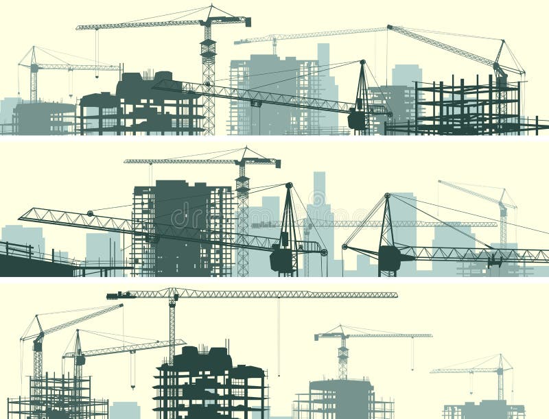Horizontal Banner of Construction Site with Cranes and Building. Stock ...