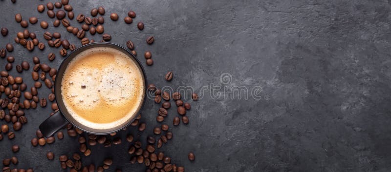 Horizontal Banner with Cup of Coffee and Coffee Beans on Dark Stone ...