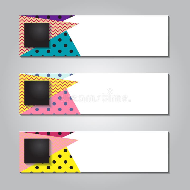 Horizontal Banner Design with Dot Square and Memphis Striped Background ...