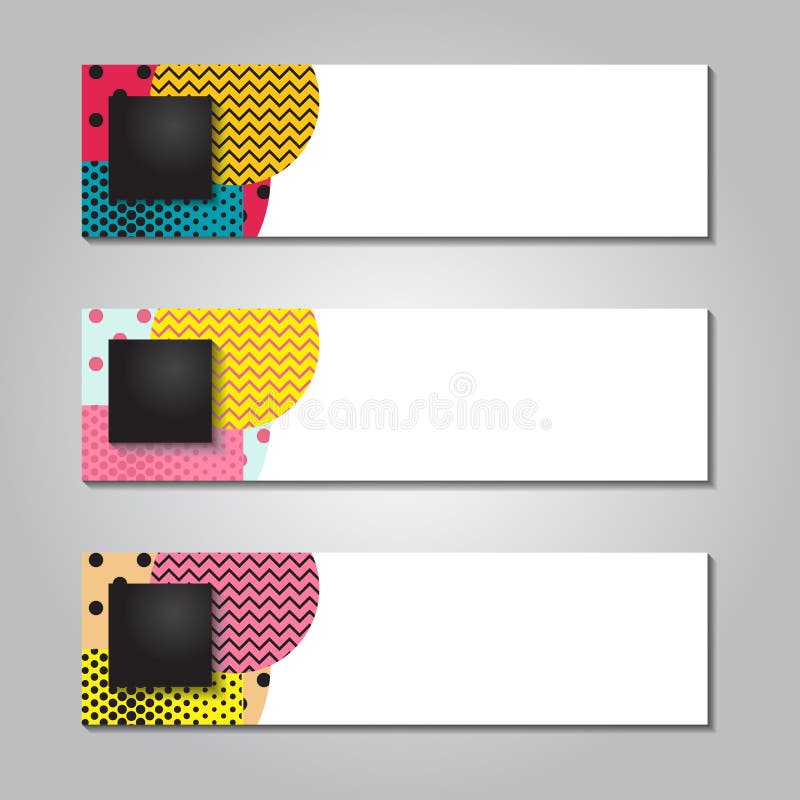 Horizontal Banner Design with Dot Square and Memphis Striped Background ...