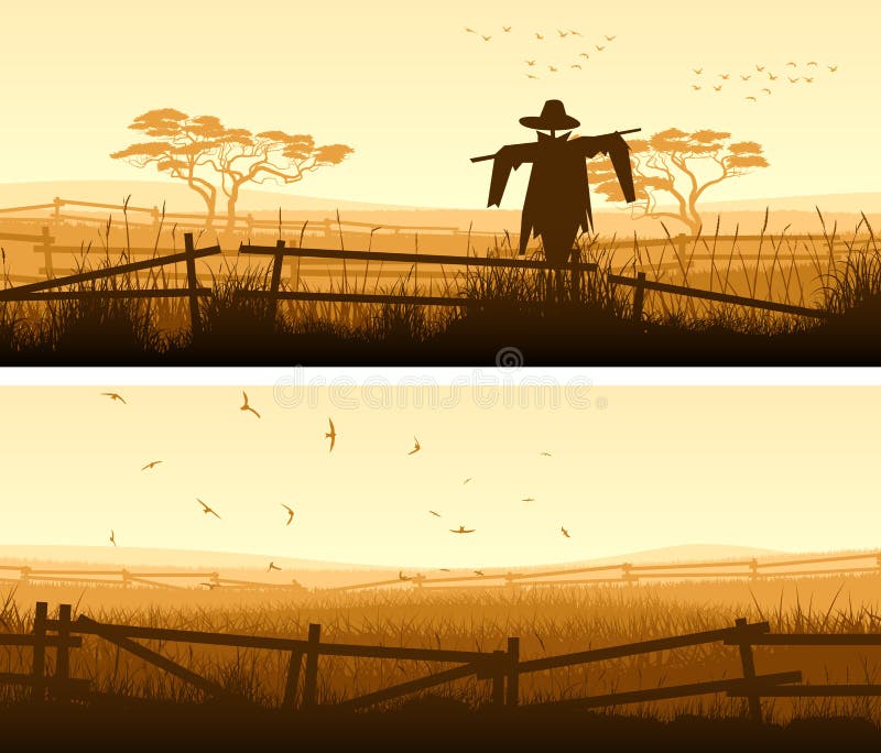 Horizontal Banner of Farm Fields with Fence. Stock Vector ...