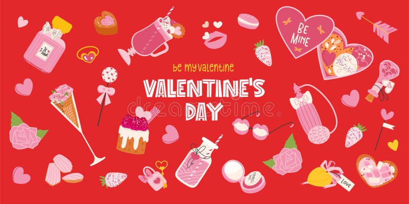 Horizontal Banner Happy Valentine S Day with Cute Romantic Elements on ...