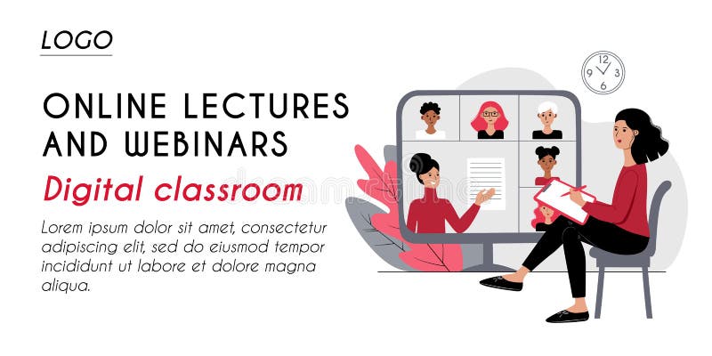 Horizontal Banner Header Template. Young Woman Listening Webinar ...