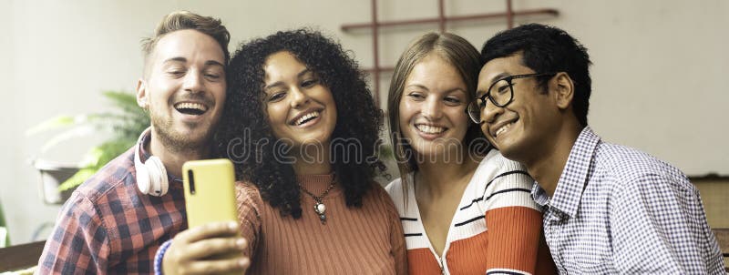 Horizontal Banner or Header with Young Friends Group Making Selfie with ...