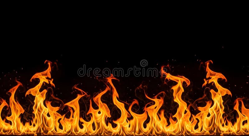 Horizontal Banner of Intense Chaotic Flames Against Solid Black ...