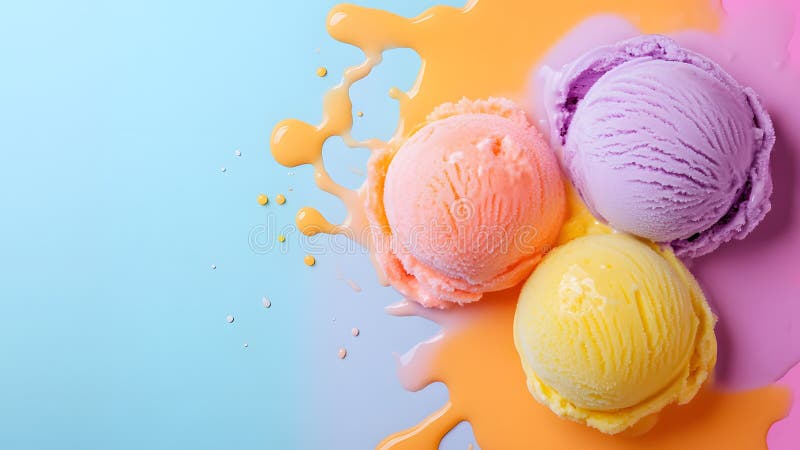 Horizontal Banner with Melting Balls of Fruit Ice Cream, Heat, Empty ...