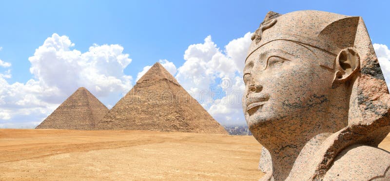 Horizontal Banner with Stone Sphinx Statue and Famous Great Pyramids of ...