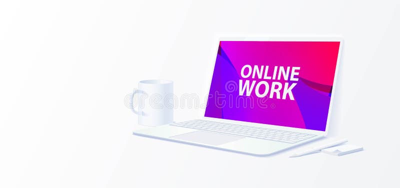 Horizontal Banner on the Topic of Online Work. Open Laptop Stock ...