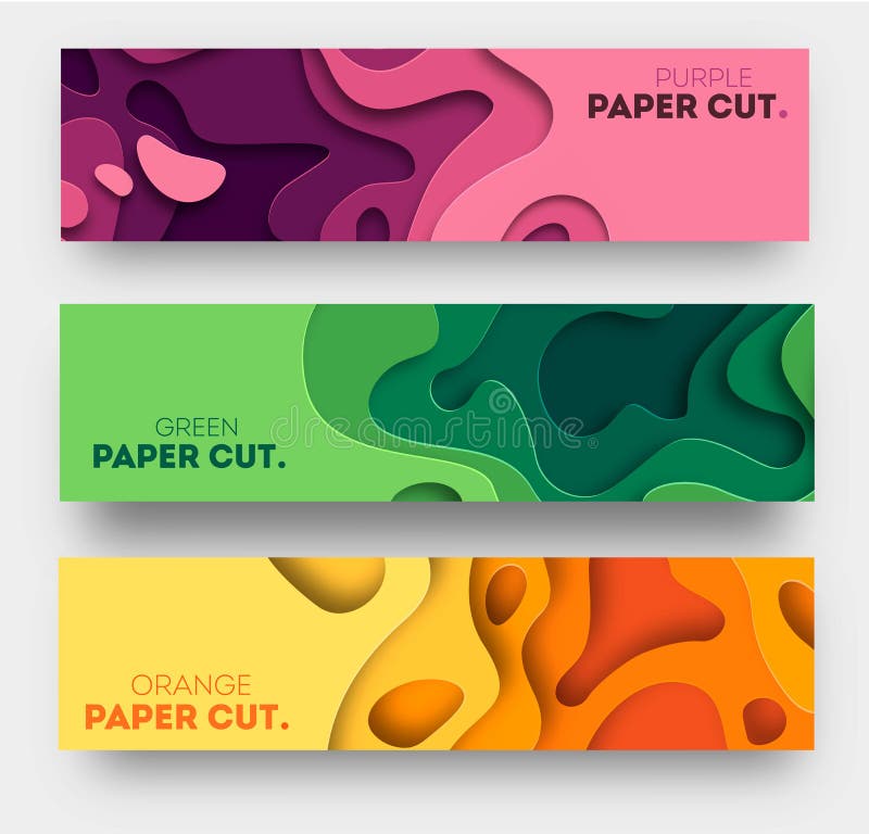Horizontal Banners with 3D Abstract Background, White Paper Cut Shapes ...