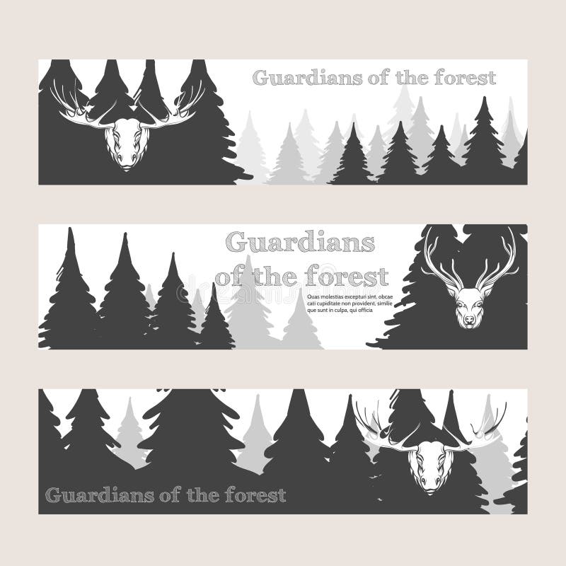 Horizontal Banners with Forest and Deer Stock Vector - Illustration of ...